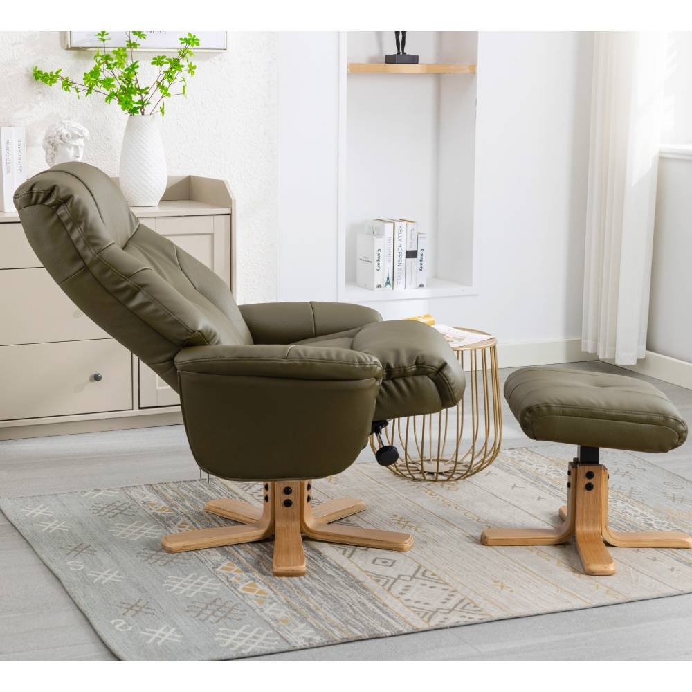 Deben Swivel Chair & Stool Olive Green Plush - Glasswells