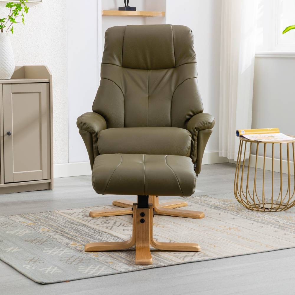 Deben Swivel Chair & Stool Olive Green Plush - Glasswells