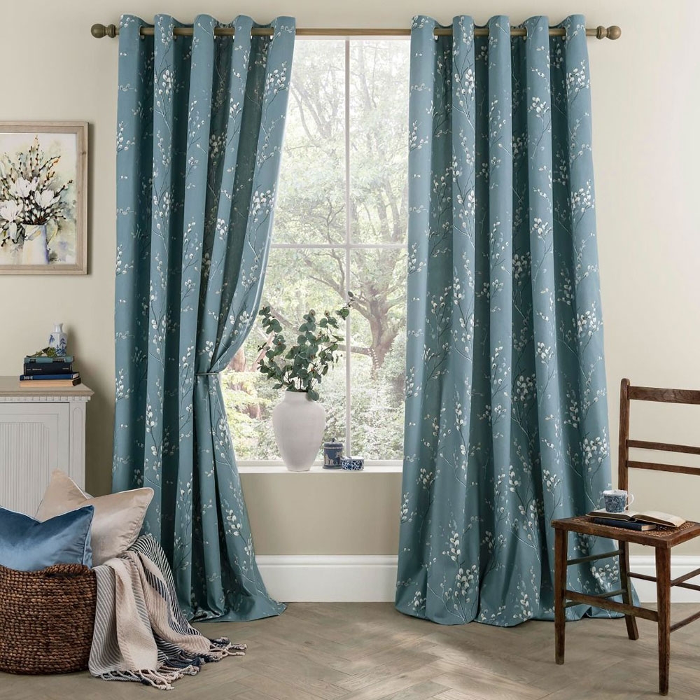 Laura Ashley Pussywillow Readymade Curtains Dark Seaspray - Glasswells