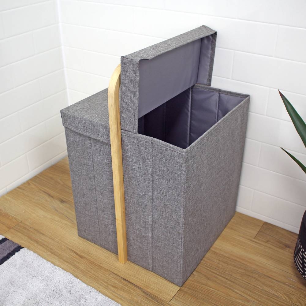 Cotswold Grey & Bamboo Single Laundry Hamper With Handle & Lid - Glasswells