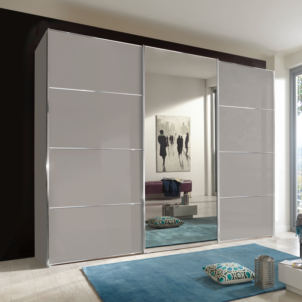 Miramar Sliding 3 Door (1 Mirrored) 4 Panel Wardrobe Pebble Grey ...