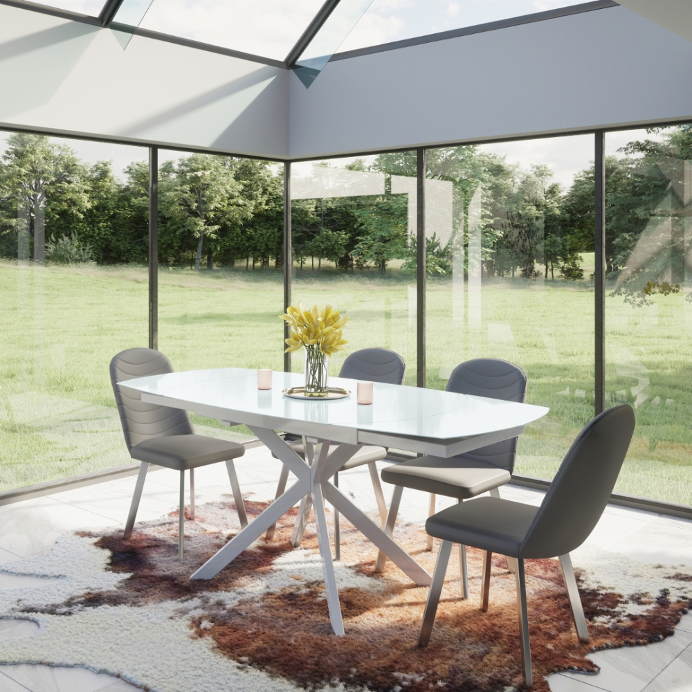Flex Motion Dining Table 120-180cm White & 4 Flex Dining Chairs Grey P ...