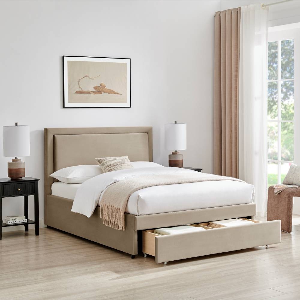Ursula Upholstered Bed Frame With Drawer Storage Taupe - Glasswells