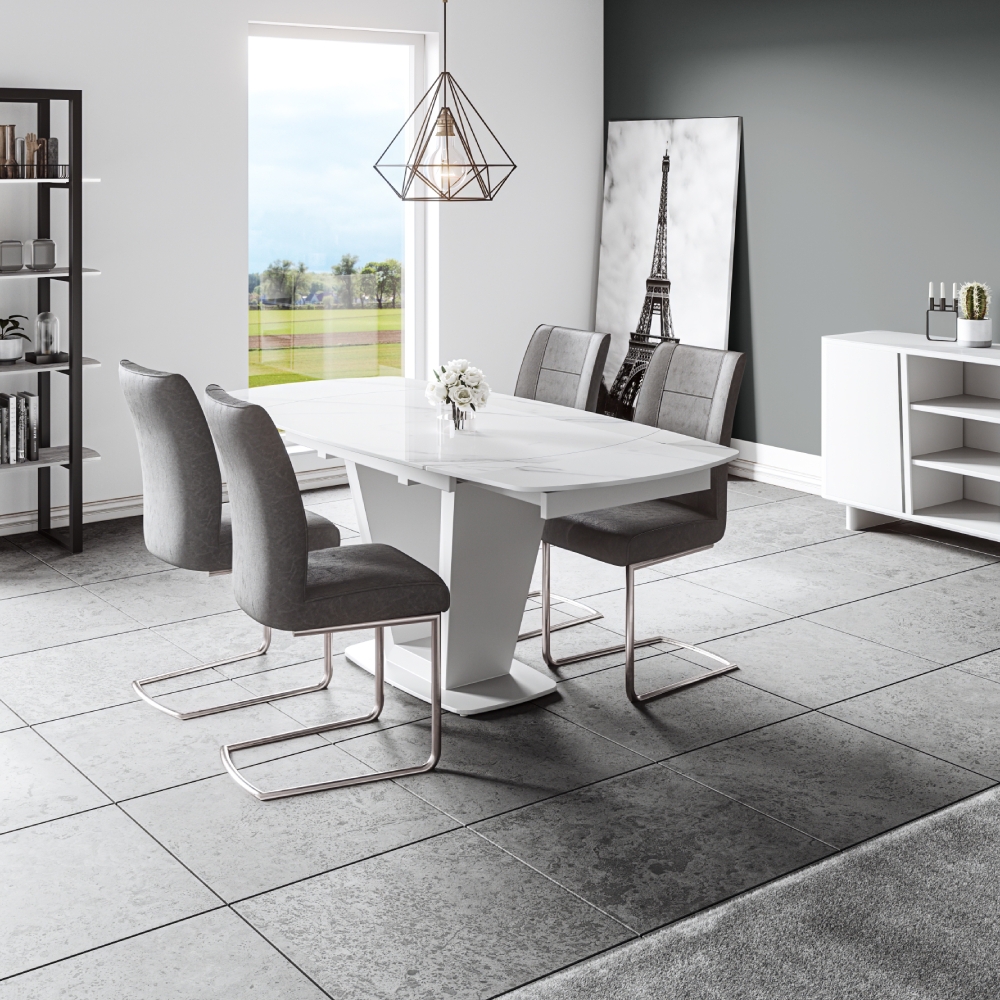 Ariel Motion Table 120-190cm White & 4 Contour Dining Chairs Dark Grey ...