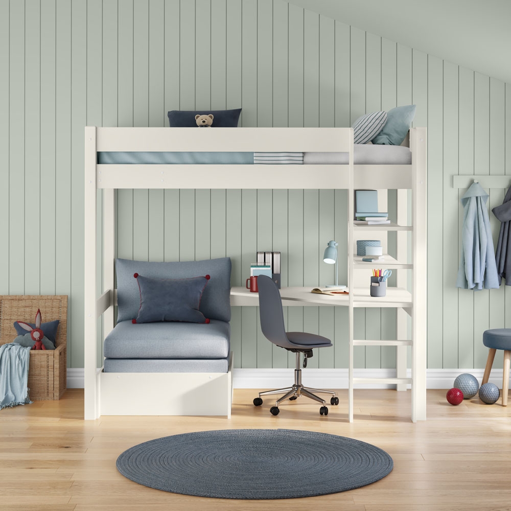 Classic High Sleeper With Desk, Shelving & Grey Chair Bed White ...