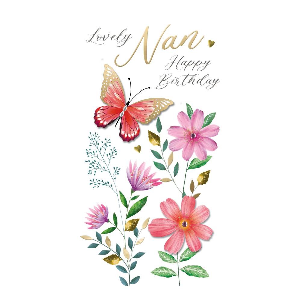 Nan - Butterfly and Flowers Birthday Card - Glasswells